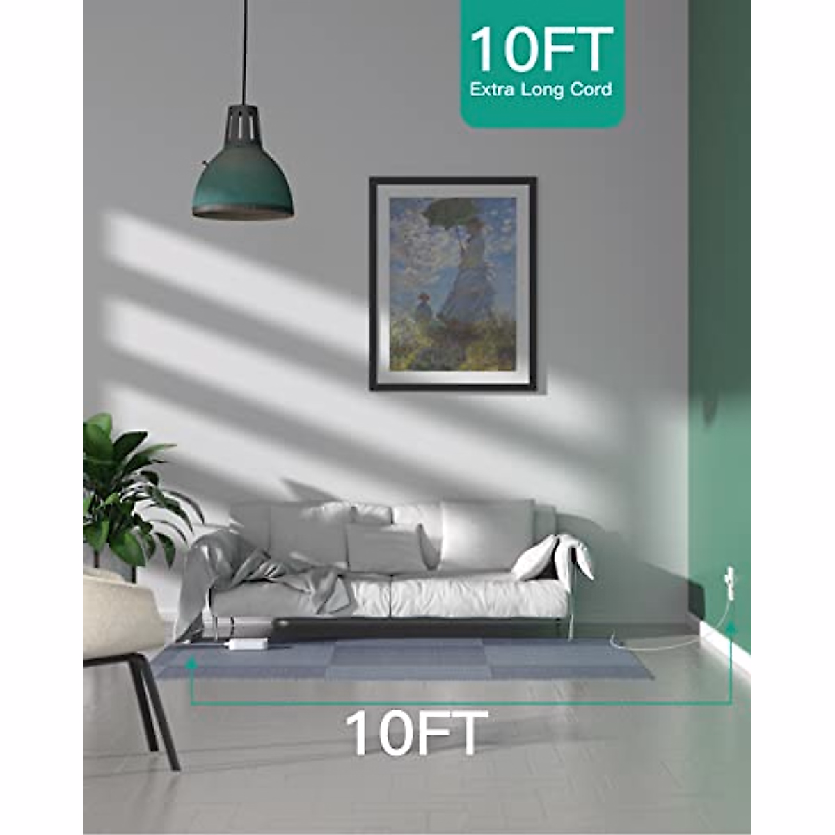 Power Strip Long Extension Cord - 10Ft Braided Extension Cord with Flat Plug, 4 Outlets and 3 USB Charging Ports, Overload Protection and Wall Mount for Home, Office