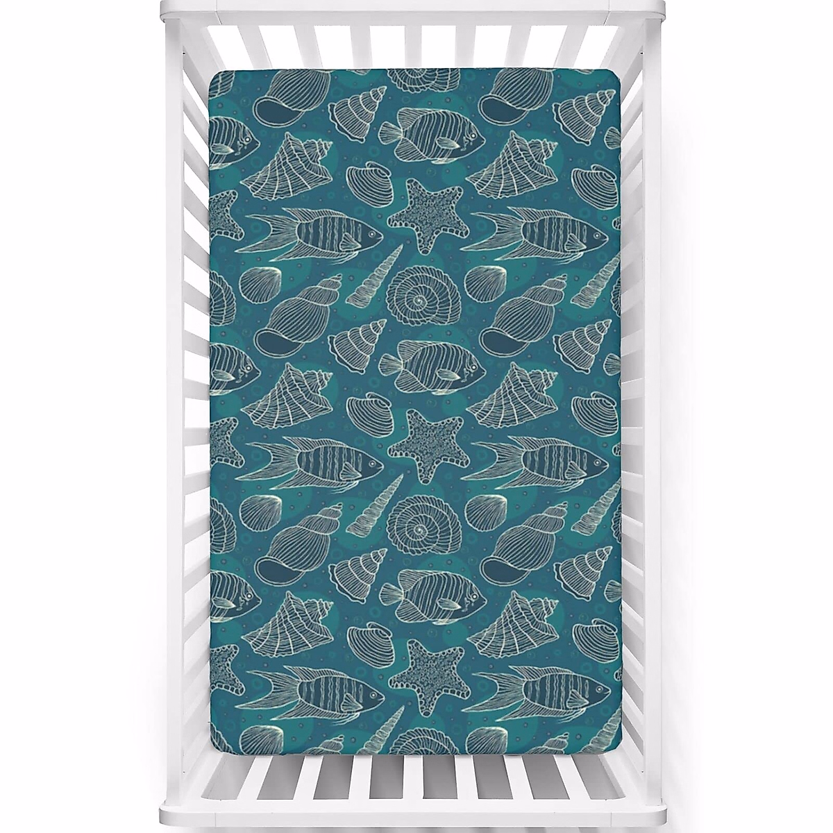 Sea Shells Themed Fitted Mini Crib Sheets,Portable Mini Crib Sheets Soft Toddler Mattress Sheet Fitted-Baby Crib Sheets for Girl or Boy,24“ x38“,Petrol Blue Beige Teal