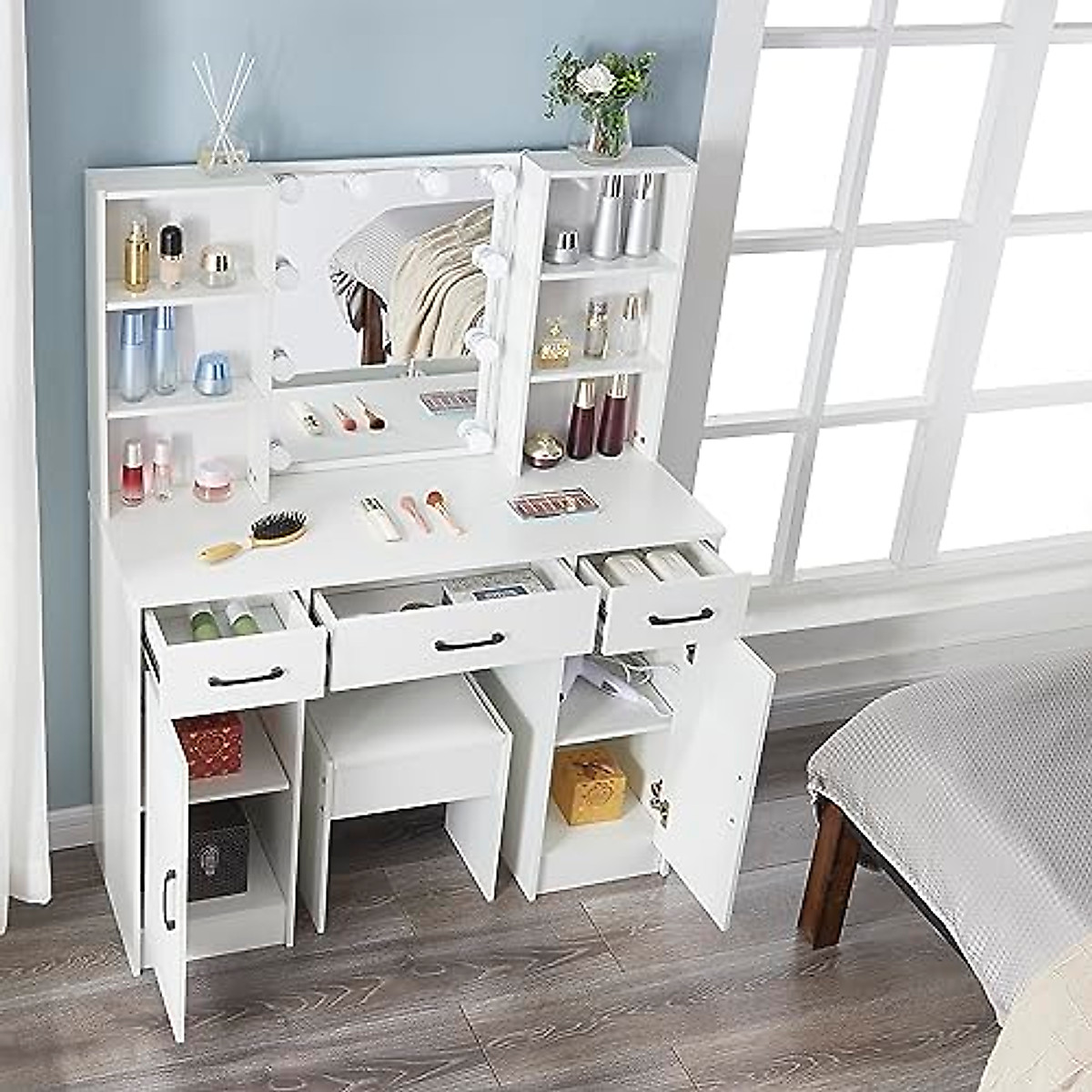 Large Vanity, Vanity Desk with Mirror & Lights,White Vanity Set Makeup Table with 3 Drawer & 3 Level Storage Dresser,2 Cabinets,Bedroom Dressing Table