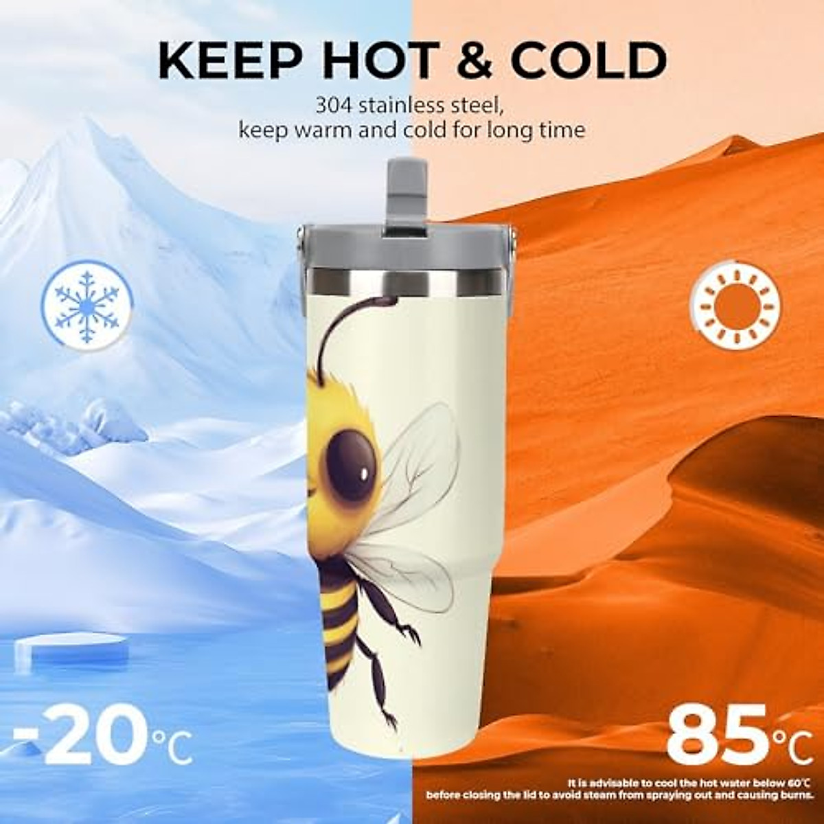 YTLKGFP 30 Oz Large Capacity Car Cup Cute Bee Tumbler with Handle Straw Lid Insulated Stainless Steel Water Bottle Travel Mug Leak-proof Car Cup Keeps Cold Or Hot