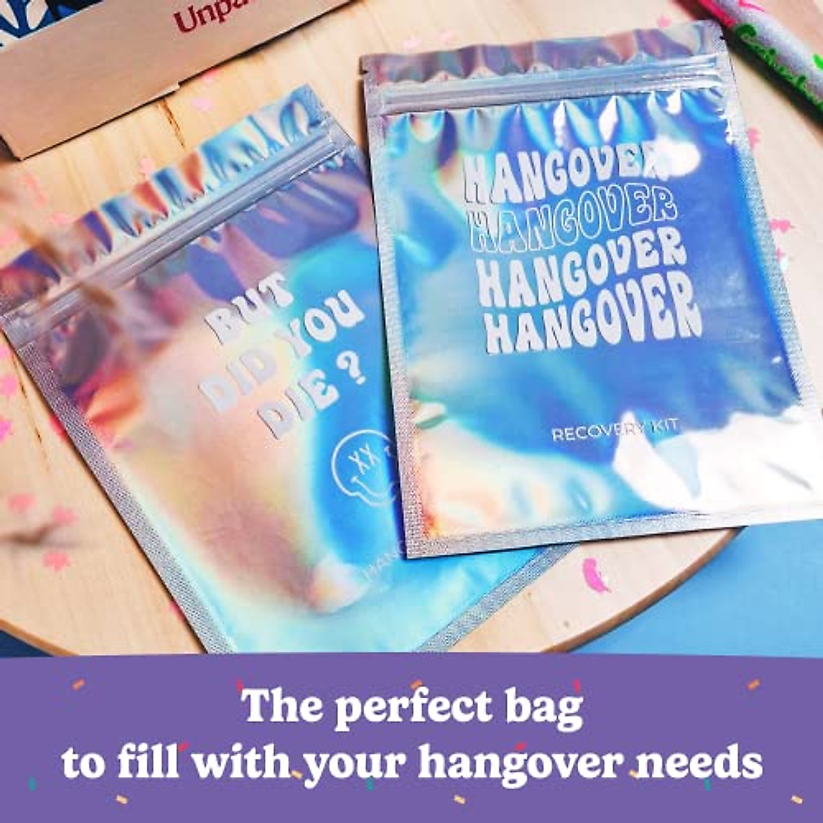 HOUSE OF PARTY Hangover Recovery Kit Bags - (4"x6") 10pcs Bachelorette Wedding Hangover Kit Supplies Hangover Gift Bags Printed Holographic Bags