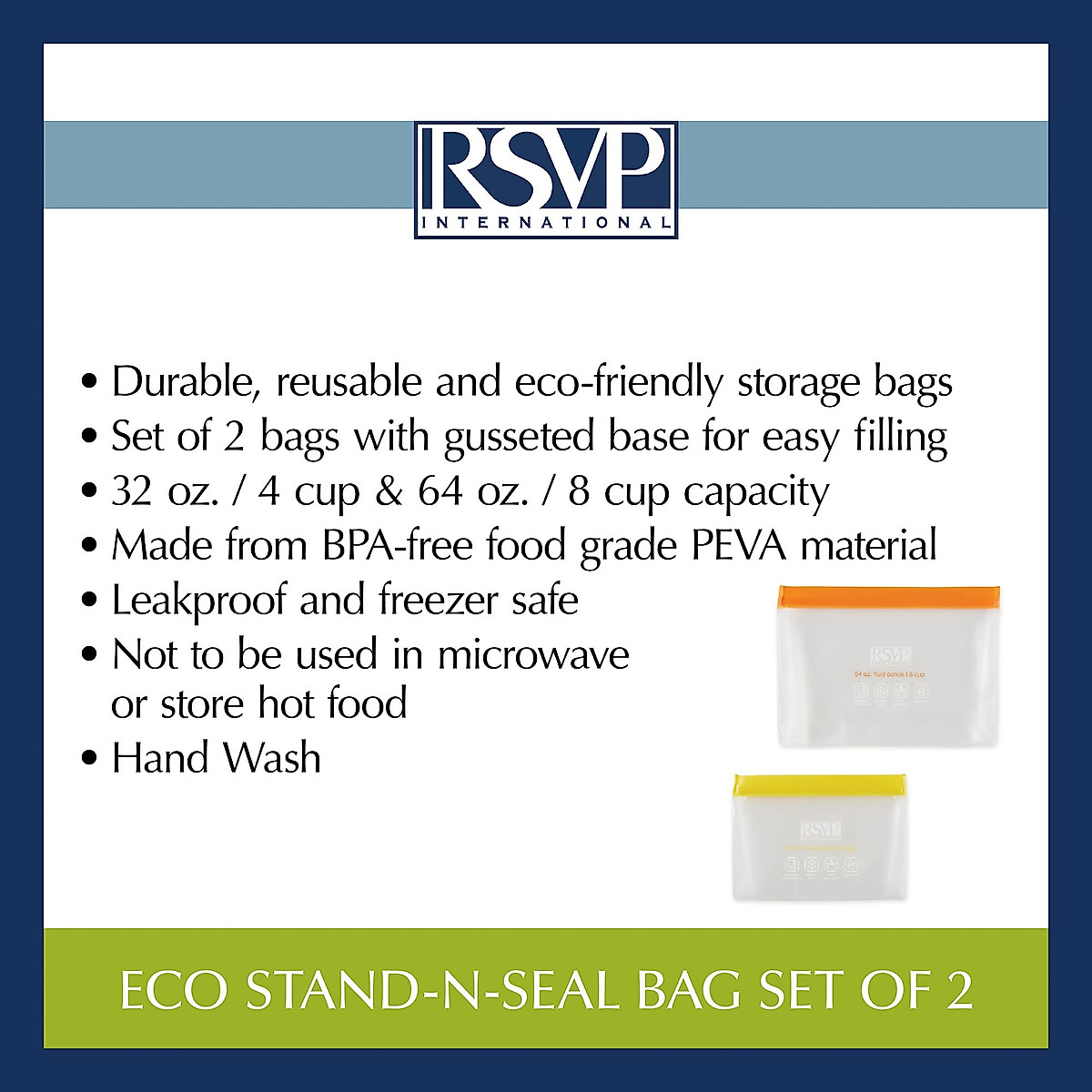 RSVP International Reusable Food Storage Collection ECO Seal Bags, Stand-N-Seal Set, Orange/Yellow