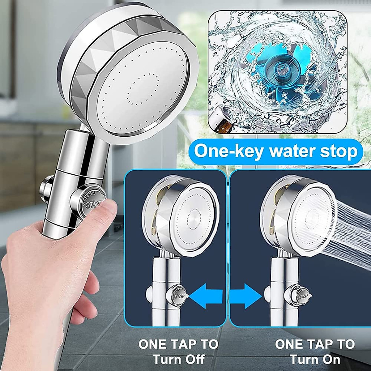 Handheld Turbocharged Pressure Propeller Shower - Propeller Driven Turbo Charged Spinning Shower Head - Turbo Fan Shower Head with Filter and Pause Switch, Easy Install 360 Degrees Rotating (Blue, 1)