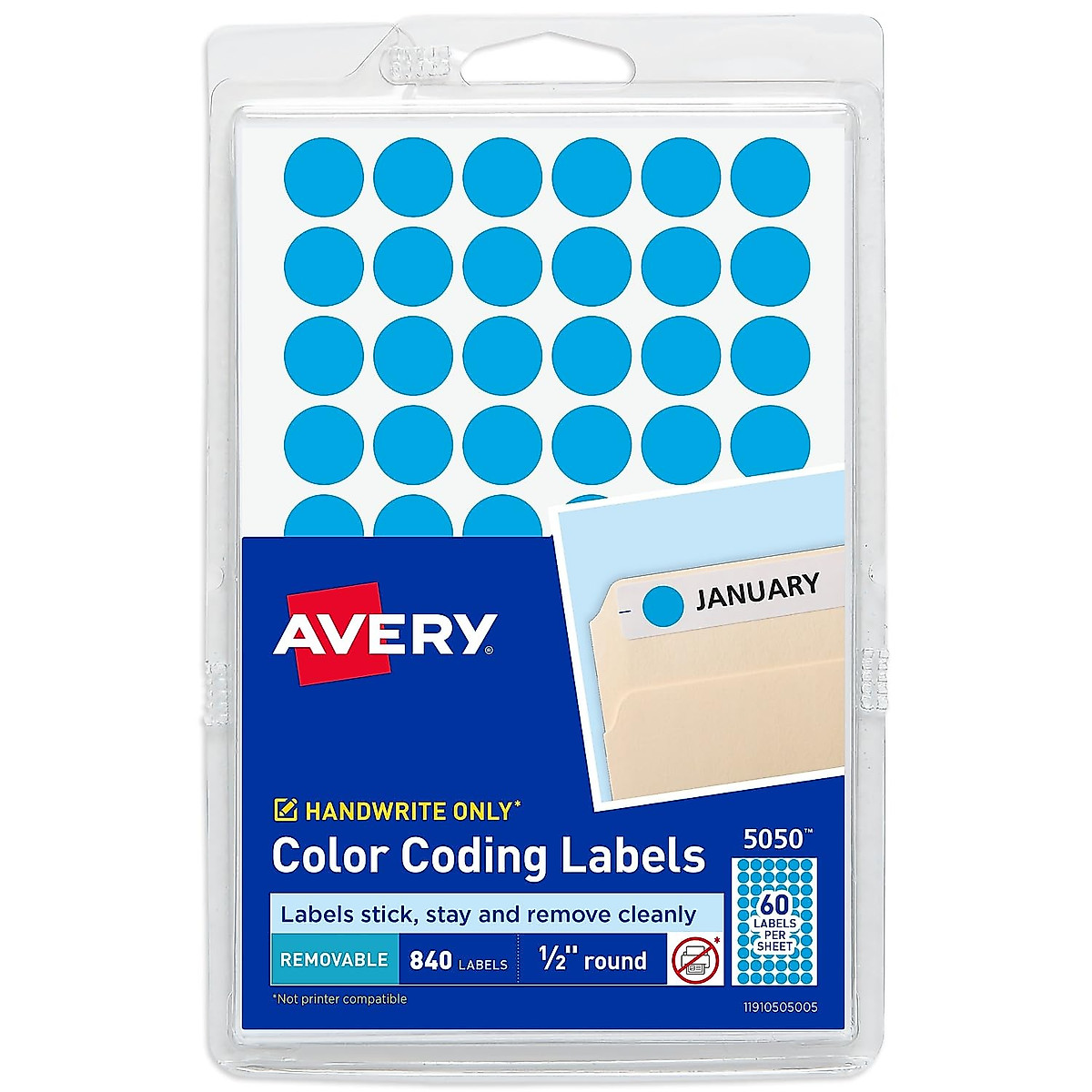 Avery Color-Coding Removable Labels, 1/2 Inch Round Stickers, Light Blue, Non-Printable, 840 Dot Stickers Total (5050)