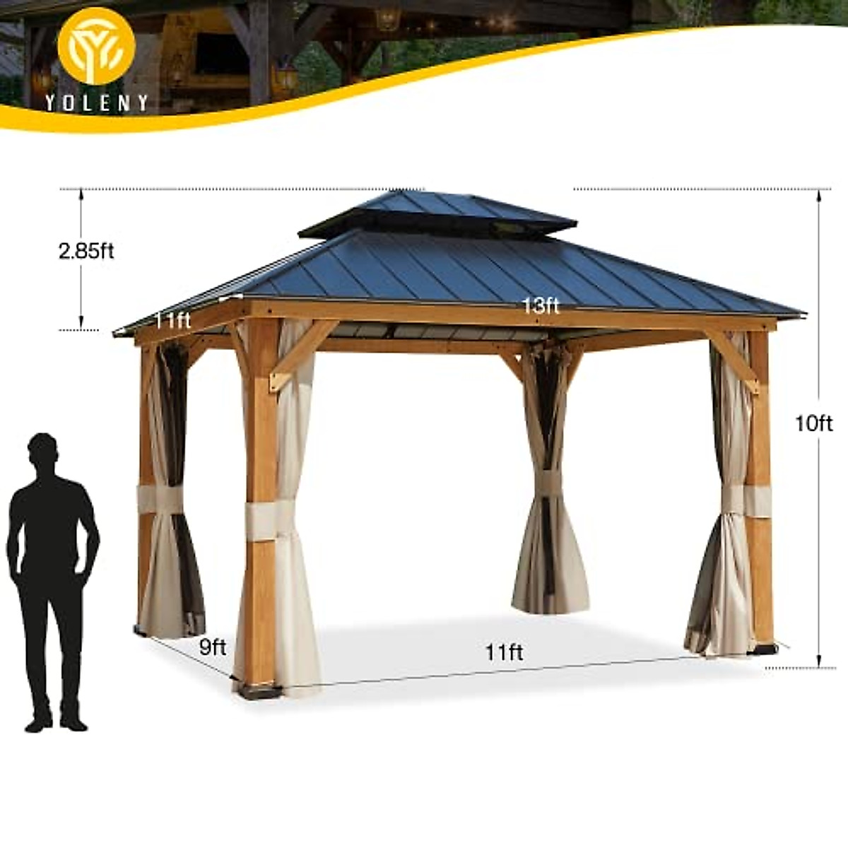 YOLENY 11' x 13' Spruce Wood Gazebo, Outdoor Hardtop Gazebo with Privacy Curtains and Mosquito Netting for Patio, Garden, Backyard, Poolside