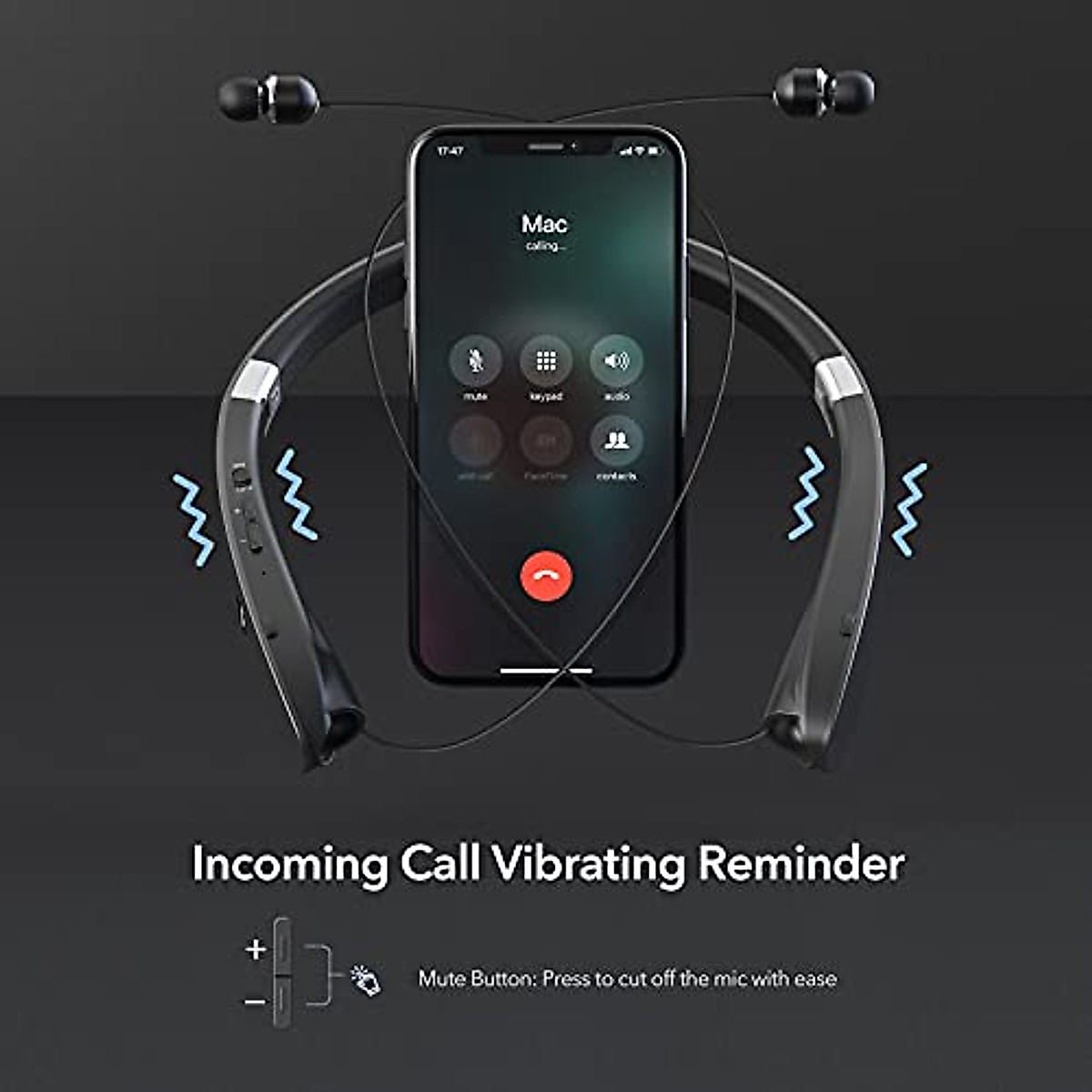 Neckband Bluetooth Headphones w/ 30hrs Playback, Wings Foldable Wireless Headset Retractable Earbuds, Around The Neck in Ear Earphones w/Noise Cancelling Microphones, Work from Home, Office, Commute