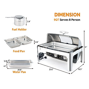 ROVSUN 9 QT 3 Packs Stainless Steel Chafing Dish Buffet Set with Electric & Fuel Heating, NSF Roll Top Catering Chafer Server with Full Size & 2 Detachable Food Pans, Glass Lid for Party Banquet