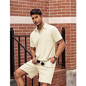 COOFANDY Men's Waffle Knit Polo Shirt and Shorts Set 2 Pieces Outfits Summer Suit Casual Tracksuit with Pockets