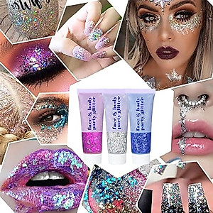 4 Colors Body Glitter Gel,Face Glitter Body Gel Singer Concerts Makeup,Sparkling Holographic Gel Long Lasting Chunky Sequins Glitters for Eye Lip Hair Nails,Festival Rave Accessories Halloween Makeup