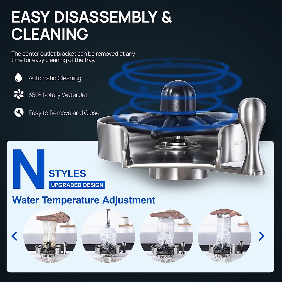 2024 NEW Metal Faucet Glass Rinser for Kitchen Sink - Upgraded Hot and Cold Switching 360° Rotating Cup Washer, Faucet Bottle Cleaner Washer for Sink Attachment, Bar Cup Rinser (Brushed Nickel)