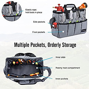 Housolution Garden Tote Bag, 900D Gardening Tool Bag, Garden Tote Storage Bag with Pockets & Long Adjustable Shoulder Strap, Home Tools Organizer Garden Tool Kit Holder, Standable, 14 Inch, Gray
