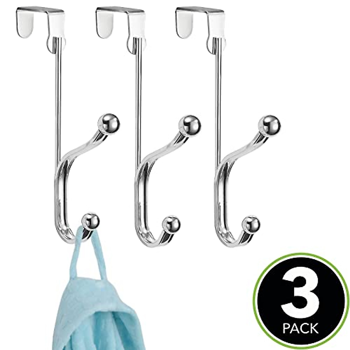 mDesign Decorative Over Door Double Hook Steel Storage Organizer Rack for Coats, Hoodies, Hats, Scarves, Purses, Leashes, Bath Towels, Robes, Clothing - 3 Pack - Chrome
