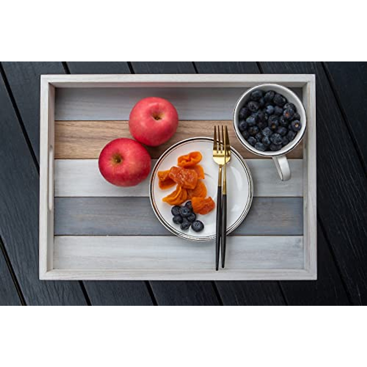Set of 2 Wooden Serving Trays for Ottoman and Coffee Table Lap Tray (16.3x12.2x2 & 11x11x1.5 Inches, Multicolor)