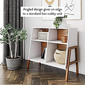 Nathan James 71001 Telos 4-Cube Storage Organizer, White Storage Open Cubby Shelf with Angled Design, Brown/Glossy White