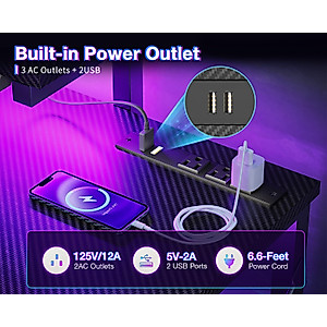 MOTPK Gaming Desk with Led Lights & Power Outlet, 40 Inch Small Gaming Computer Desk with Shelves, Reversible Gamer Desk Table with Adjustable Monitor Stand & Headphone Hook, Carbon Fiber Texture