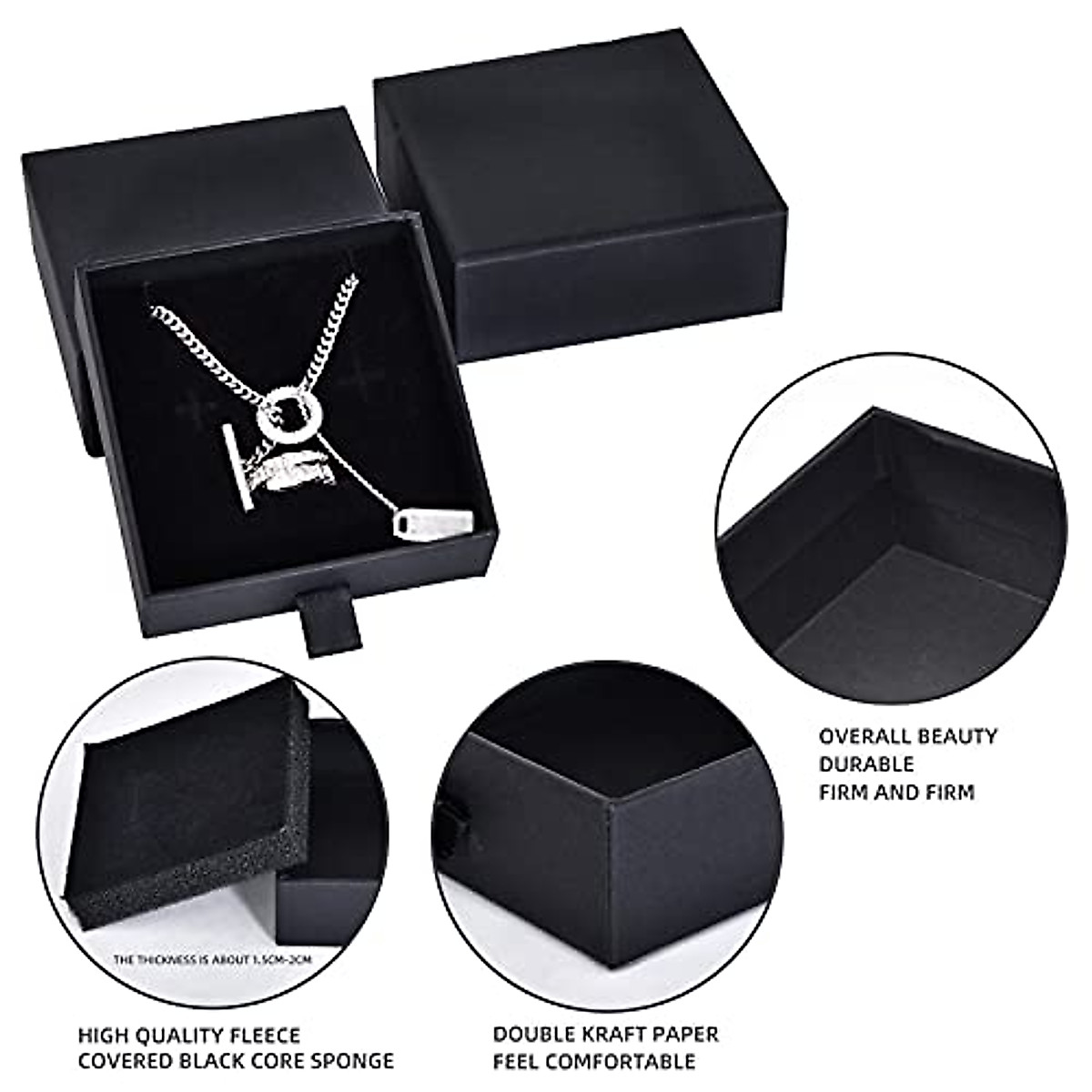 12 Pack Set Cardboard Drawer Display Jewelry Boxes, driew 3.5x3.5 1.4inch Black Gift Boxes Thick Paper Box Bulk Jewelry Gift Packaging Gift Case Sponge Insert and Lids Small Kraft Paper Box for Rings Pendants Earrings Necklaces