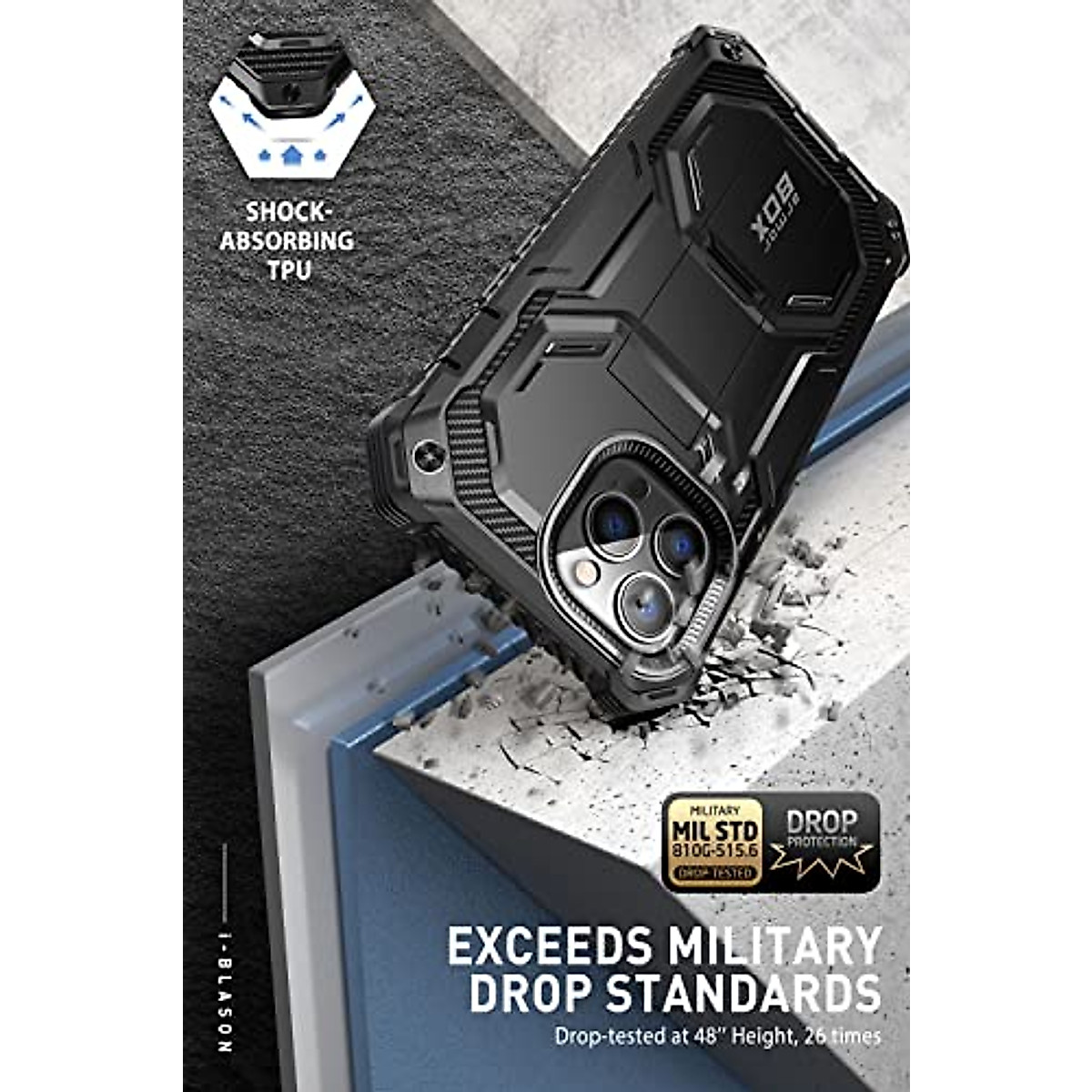 i-Blason Armorbox Designed for iPhone 14 Pro Max Case 6.7'', Full-Body Rugged Kickstand Holster Protective Bumper Case with Built-in Screen Protector (Black)