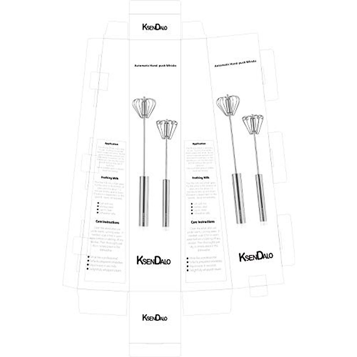 KSENDALO Push Whisk Set(12inch & 14inch) Stainless Steel Easy Whisk for Mixing Milk and Other Liquids, Automatic Whisk Push Saves Much Energy, Silver