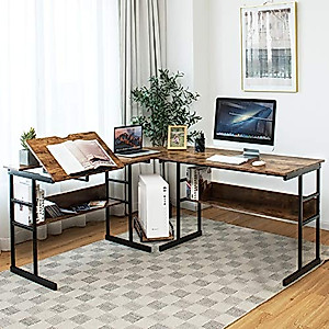 Tangkula 67 inches L-Shaped Desk, Corner Computer Desk with Bottom Bookshelves & CPU Stand, Drafting Drawing Table with Tiltable Desktop, Corner Computer Workstation Home Office Desk (Rustic Brown)