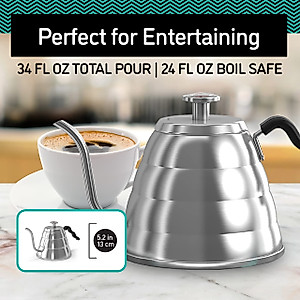 Coffee Gator 34oz Stainless Steel Gooseneck Kettle with Thermometer, 4 Cup