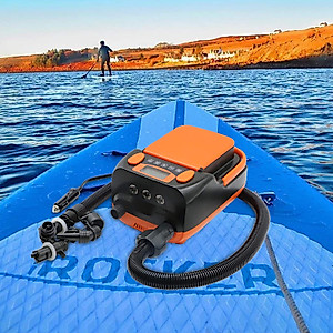 Tuomico Rechargeable LCD Electric Air Pump with 2 USB Ports, Max 16PSI SUP Pump with 6 Nozzles & 3 LED Lights for Boats, Stand Up Paddle Board, Dual Stage Inflation & Auto-Off Feature