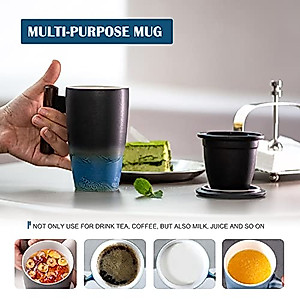 suyika Tomotime Ceramic Tea Cup with Infuser and Lid Tea Mugs Wooden Handle 400ml/13.5oz Black cyan