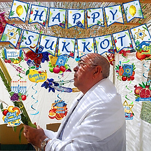 Newwiee 38 Pcs Happy Sukkot Hanging Swirls Sukkot Banners Sukkot Hanging Decorations Sukkot Glitter Foil Ceiling Swirls Streams Sukkah Decorations for Jewish Holiday