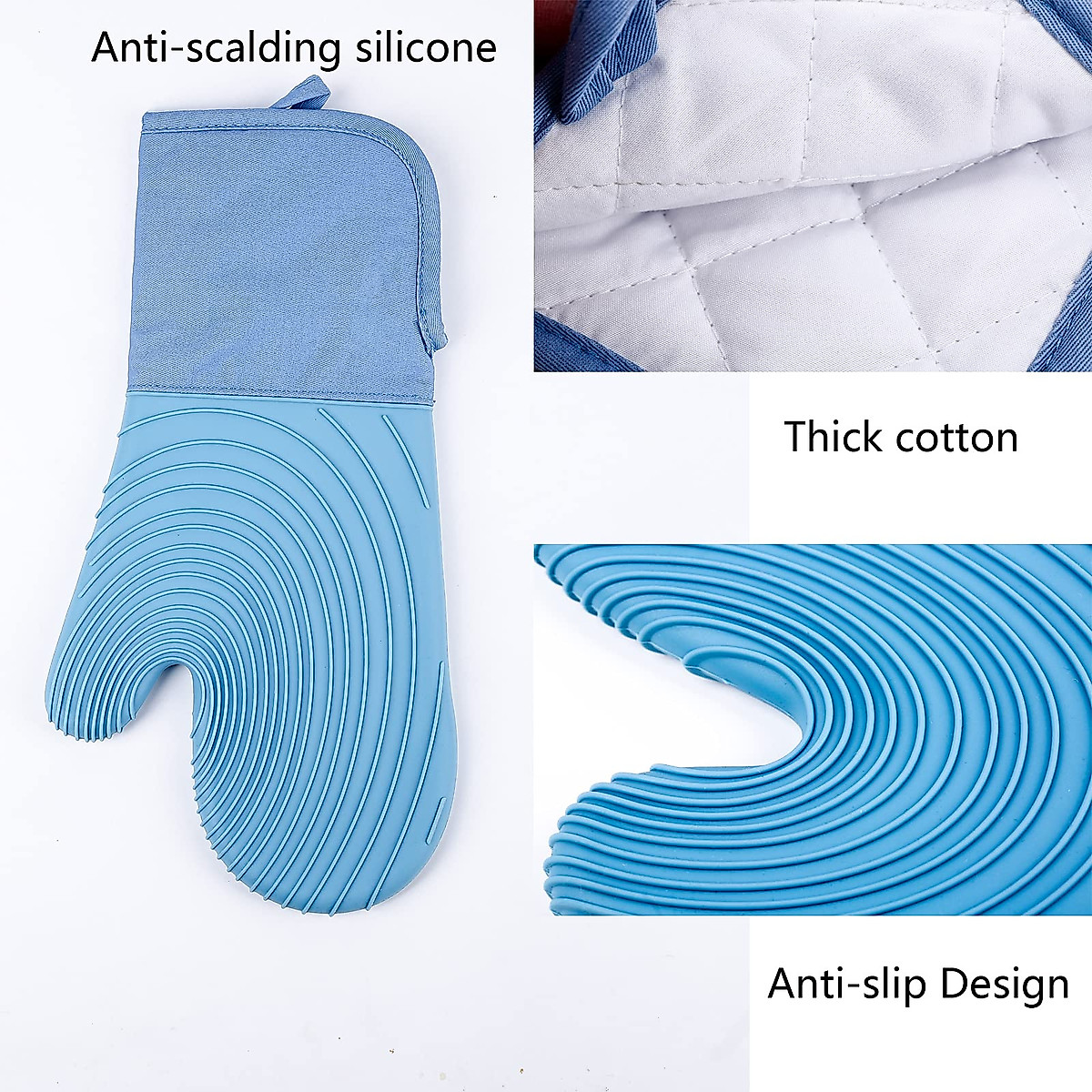 Oven Mitts with Extra Long Cuff and Comfort Lining，Oven Mitts with Quilted Liner， Heat Resistant Flexible Oven Mitt for Kitchen Baking Cooking，Machine Washable，1 Pair，13.5 Inch,Blue.