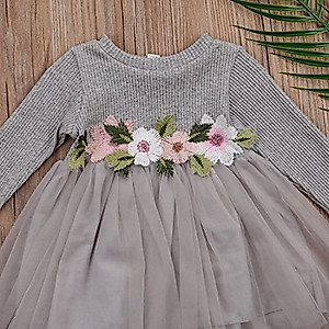 Mubineo Toddler Girl Long Sleeve Knit Dresses Baby Infant Flower Tutu Spring Fall Dress (Grey, 12-18 Months)
