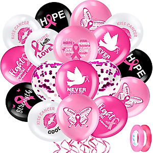 60 Pieces Breast Cancer Awareness Balloons, Pink Ribbon Latex Balloons Breast Cancer Party Decorations Transparent Confetti Glitter Balloons for Pink Ribbon Walk Charity Theme Party Supplies,12 Inch