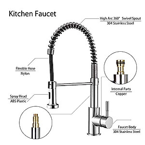 Single Handle Pull Down Spring Kitchen Faucet, Stainless Steel Brushed Nickel Kitchen Sink Faucet with Sprayer