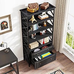 Tribesigns 6-Tier Bookcase with 2 Drawers, Tall Narrow Bookshelf with 1 File Drawer, Modern Bookshelf Heavy Duty Display Rack for Living Room, Bedroom, Dark Grey