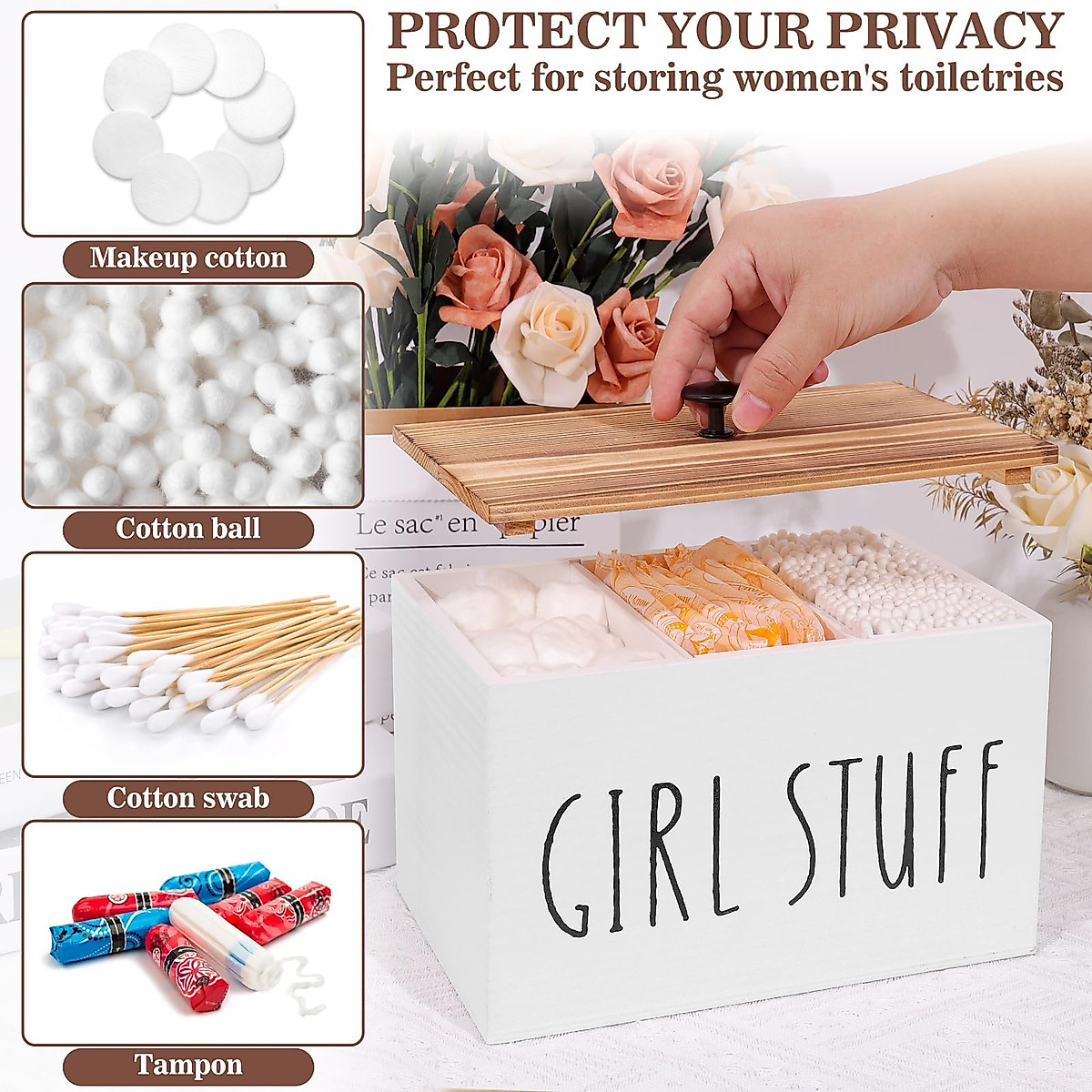 Tampon Holder for Bathroom, Farmhouse Pad Orgainzier Container, Rustic Wood Bathroom Storage Bin with Lid, Movable Partition Feminine Product Organizer, Tampon Storage Container (White &Wood Lid)