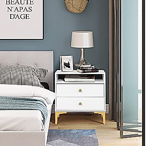 AILEEKISS Nightstands Set of 2 with Wireless Charging Function Wooden Night Stands 2 Sets with Drawers and Open Shelf Storage End Table Home Bedside Table for Bedroom (White 2 Sets)