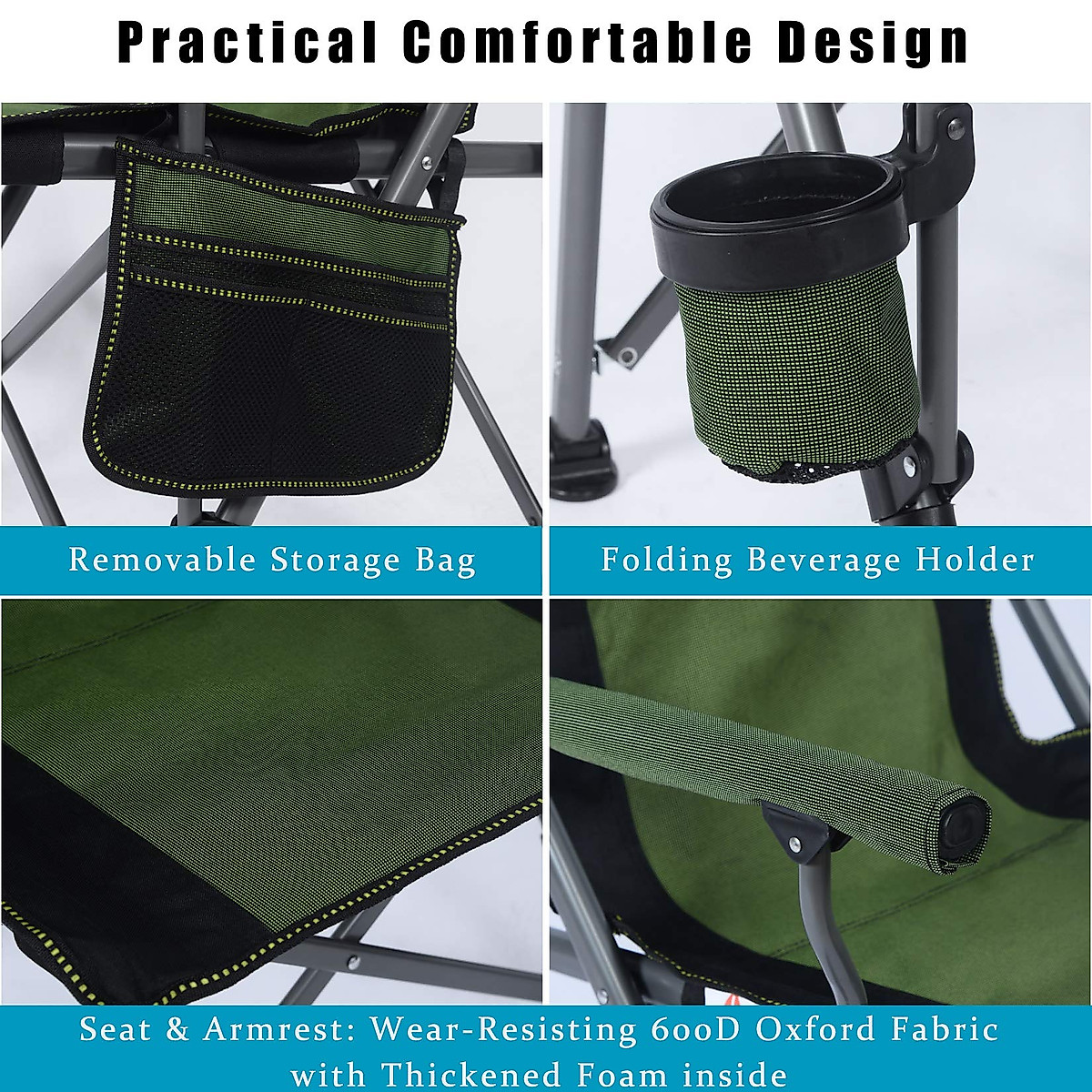 MaiuFun Portable Camping Chair Folding Heavy Duty Quad Outdoor Large Chairs Support 330 lbs High Back Padded Thicken Oxford with Armrests, Storage Bag, Cup Holder, Carry Bag for Outside(Green)