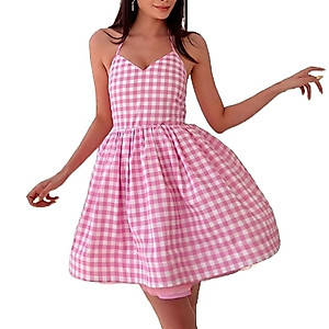 Women Y2k Pink Gingham Dress Backless Plaid Halter Swing Dress Rockabilly Polka Dot Dress 50s Vintage Tea Dress