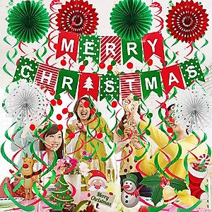 FECEDY Merry Christmas Banner Paper Fan Flower Circle Confetti Dots Hanging Garlandand Swirl Streamers Christmas Tree Christmas Snowman God Tang for Christmas Party Decoration