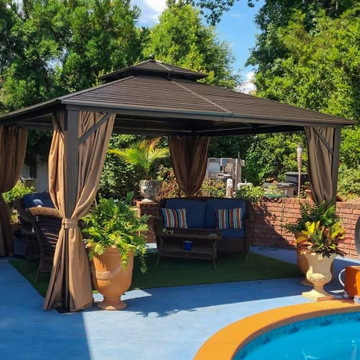 YOLENY 12'x12' Hardtop Gazebo with Galvanized Steel Double Roof, Pergolas Aluminum Frame, Netting and Curtains Included, Metal Outdoor Gazebos for Garden, Patios, Lawns, Parties