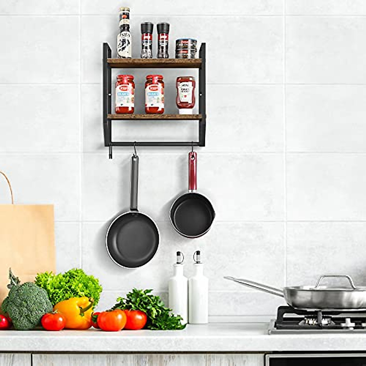 ETELI Bathroom Wall Shelf 2 Tier Towel Rack with Shelf Wall Mount Wood Storage Rack with Towel Bar, Brown