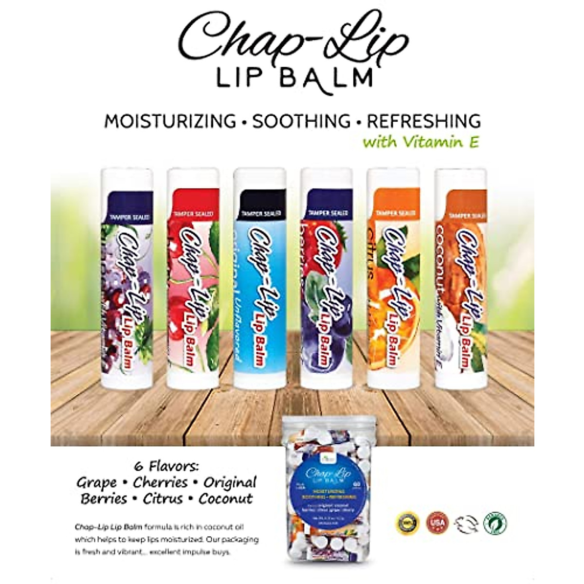 Chap-Lip Lip Balm Vitamin E Lip Balm with Coconut Oil - Lip Moisturizer Treatment - Soothing, & Refreshing, Total Hydration Treatment & Lip Therapy - Assortment of 6 Refreshing Flavors, 60 Count