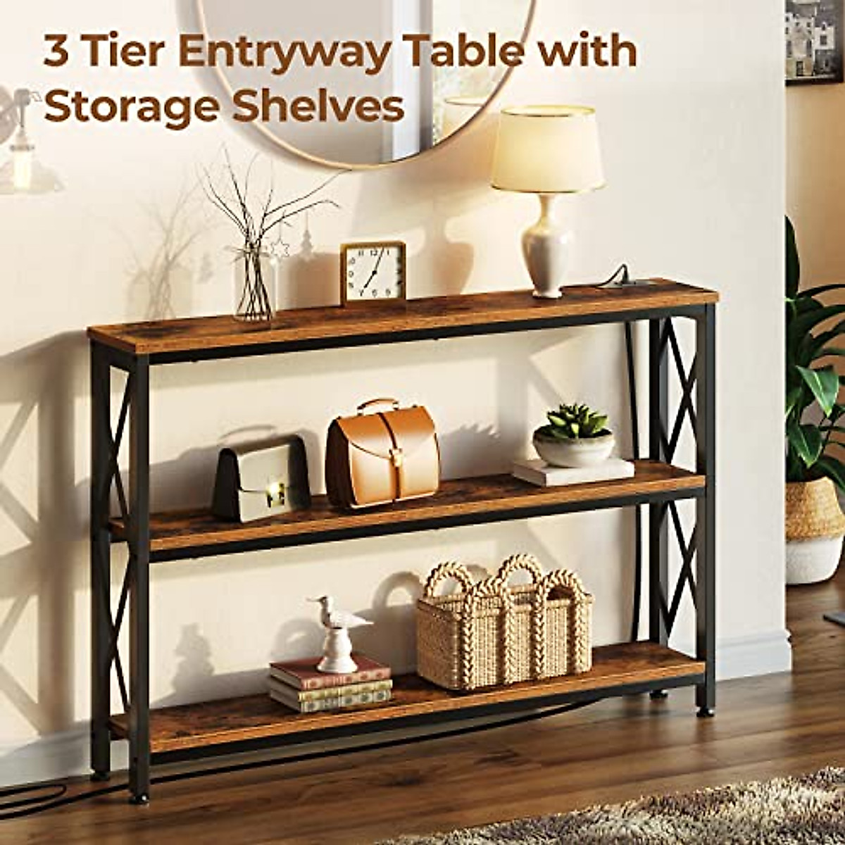 Rolanstar Sofa Table with Charging Station, 3 Tier Narrow Console Table with Storage Shelf and Power Outlet, 47” Entryway Table Metal Frame Behind Sofa Couch Hallway Entrance for Living Room