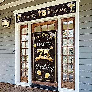 PAKBOOM Happy 75th Birthday Door Cover Porch Banner Sign Set - 75 Years Old Birthday Decorations Party Supplies for Men - Black Gold