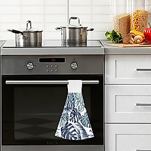 susiyo 2pcs Hanging Kitchen Towels, Navy Blue Palm Leaves Hand Bath Towels Super Absorbent Dish Towels Soft Coral Velvet Tie Towel with Loop for Bathroom Washcloth Farmhouse Home Decor, 18x14 Inch