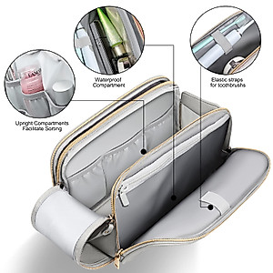 BOOMRICH Large Travel Makeup Bag, Cosmetic Bag, Toiletry Bag for Women, Water-Resistant Leather Toiletry Organizer, Dopp Kit for Toiletries Accessories, Blue Grey