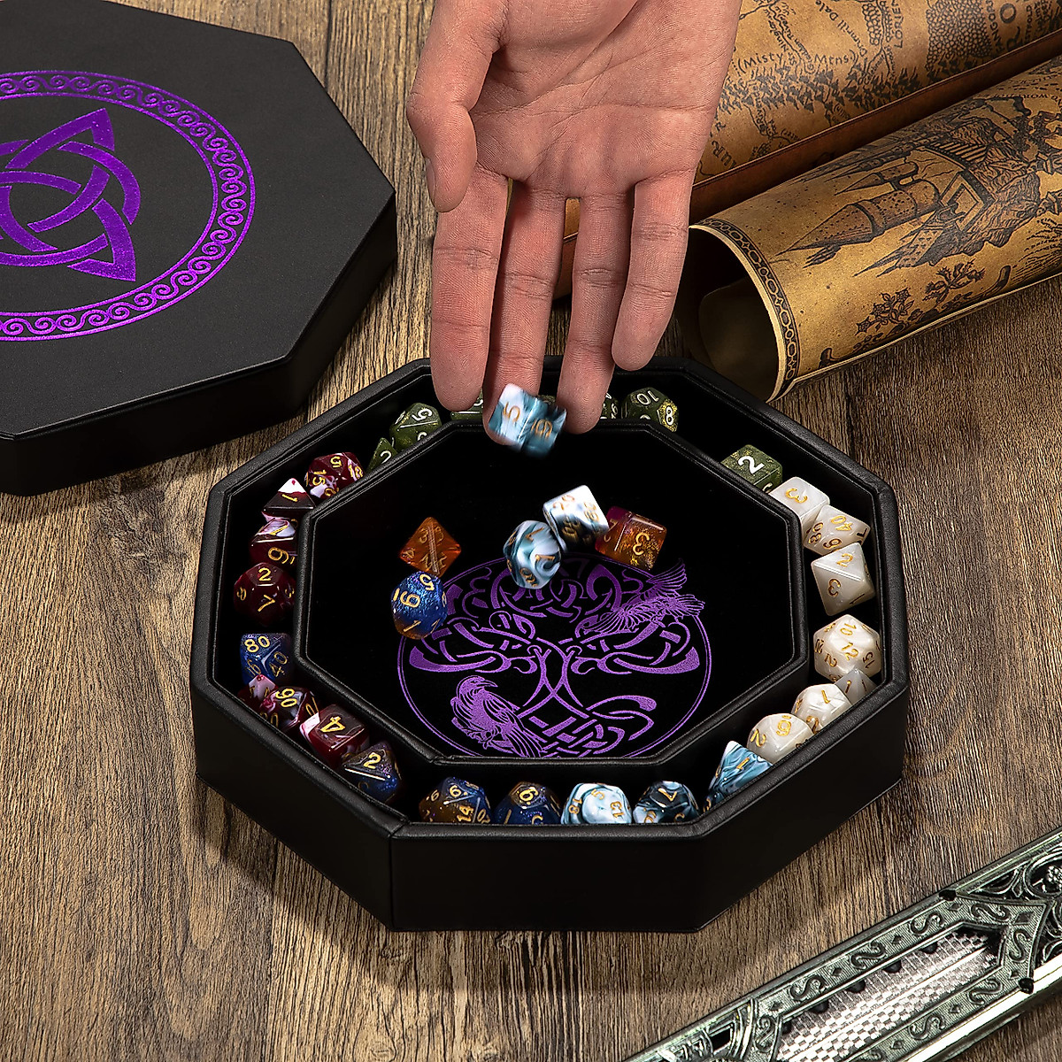 DND Dice Tray - Premium 8 Inch Tray Dungeons and Dragons - Exquisitely Detailed Purple World Tree & Triquetra Design - Perfect Rolling & Box Storage to Protect Your Dice for D&D and RPG