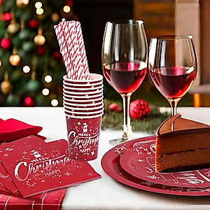 Merry Christmas Tableware Set for 25 Guests, Red Paper Plates Set with Plates Napkins Cups Straws Cutlery for Christmas Party Supplies, 200 pcs Disposable Party Dessert Dinnerwares
