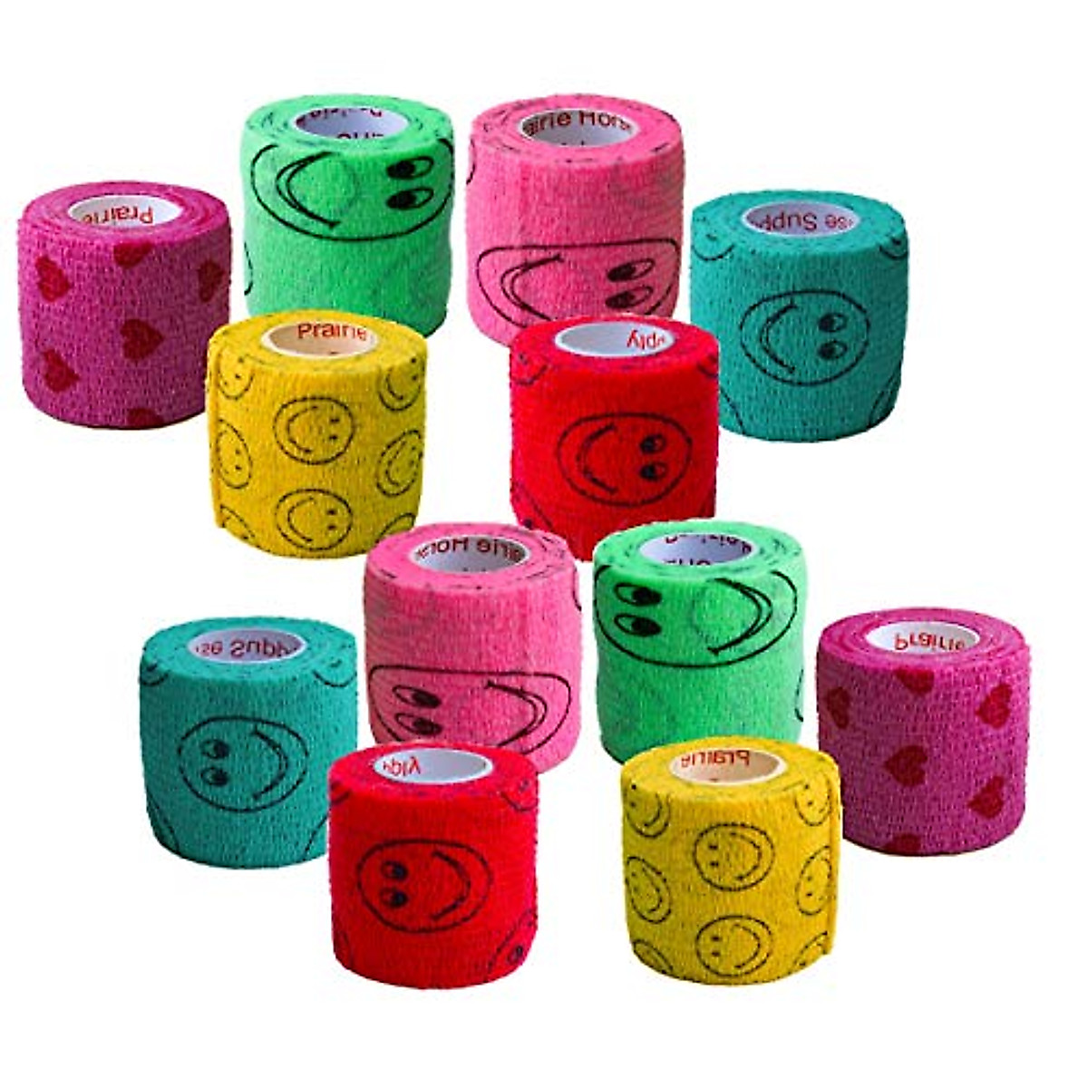 Prairie Horse Supply 2 Inch Vet Wrap Tape Bulk (Assorted Patterns) (Pack of 12) Self Adhesive Adherent Adhering Flex Bandage Grip Roll Dog Cat