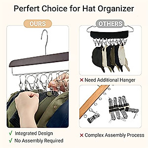 Mkono Hat Organizer Hanger for Closet Set of 3 Wooden Hat Racks for Baseball Caps with 30 Stainless Steel Clips, Baseball Hat Organizer Holder for Closet Storage, Fits All Caps, 3 Pieces