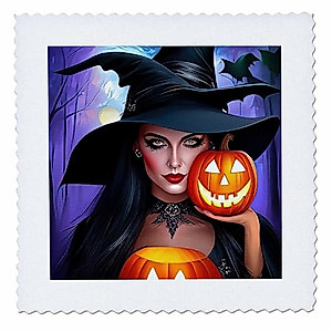 3dRose Glamour Witch with Jack-o-Lanterns in The Forest. Halloween... - Quilt Squares (qs-378839-2)