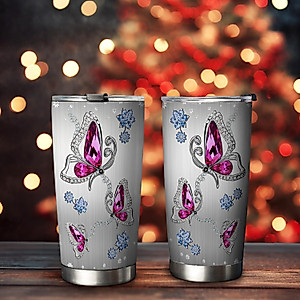20oz Jewelry Crystal Butterfly Tumbler, Gifts for Butterfly Lovers, Coffee Thermos for Women, Stainless Steel Double Wall Vacuum Insulated Coffee Mug, Travel Cup with Lid